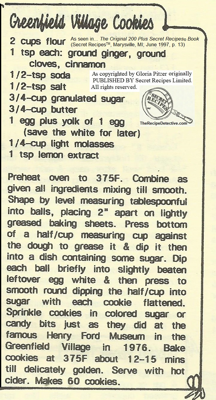 GREENFIELD VILLAGE COOKIES - Secret Recipes